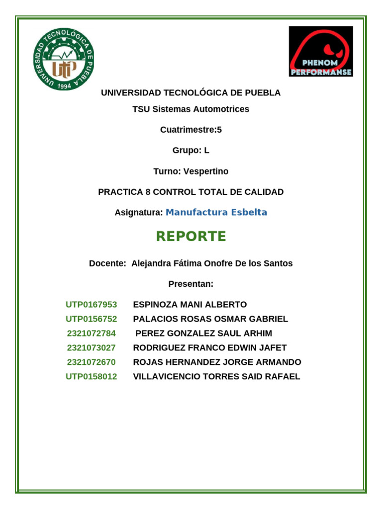 Reporte-Control Total de Calidad Practica 8 | PDF | Producción y ...