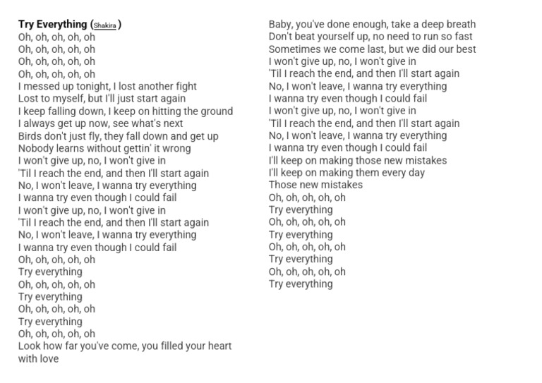 Shakira's "Try Everything" Lyrics Analysis | PDF