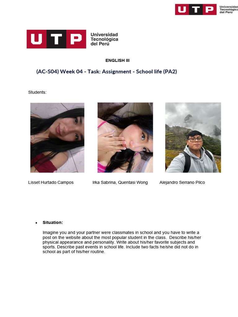 (AC-S04) Week 04 - Task Assignment - School Life (PA2) | PDF