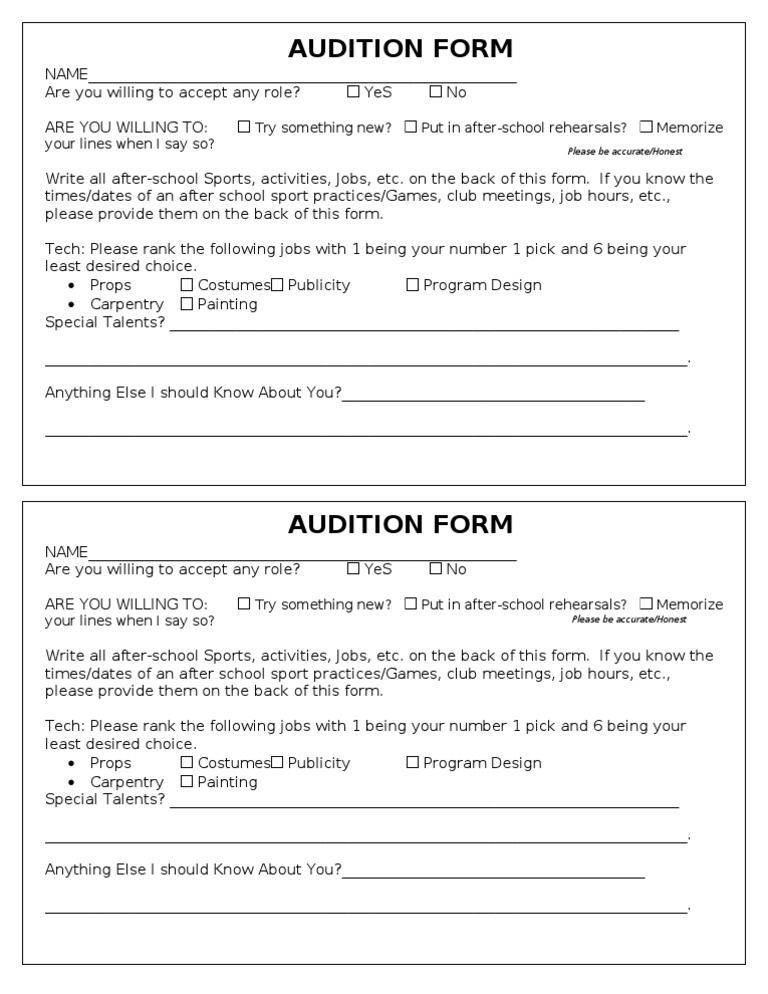 Audition Form:: Try Something New? Put in After-School Rehearsals ...