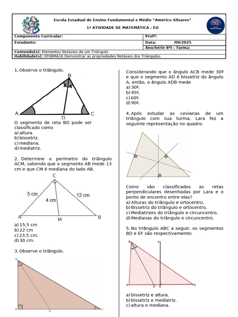 Atividade sobre Triângulos e Bissetrizes | PDF | Triângulo | Geometria ...