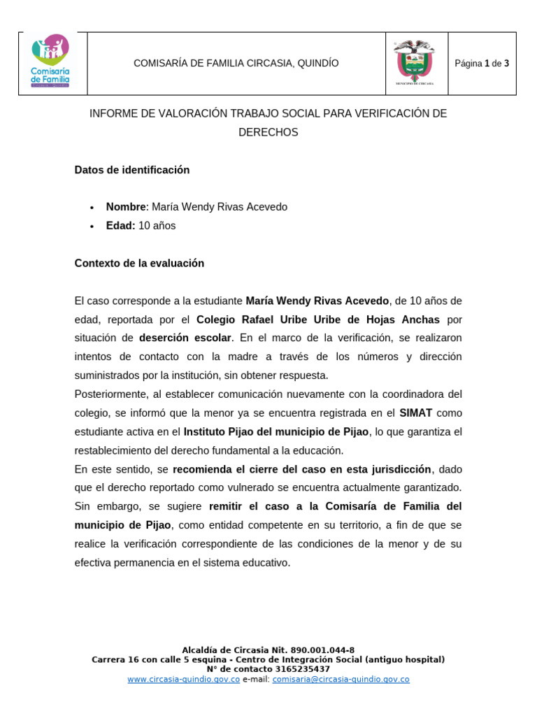 Informe sobre derechos educativos de María Wendy | PDF | Trabajo Social