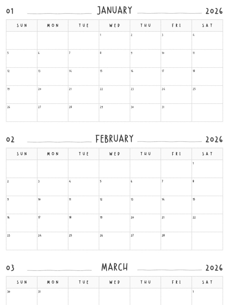 Black and White Minimalist Simple Handwritten 2026 Calendar | PDF