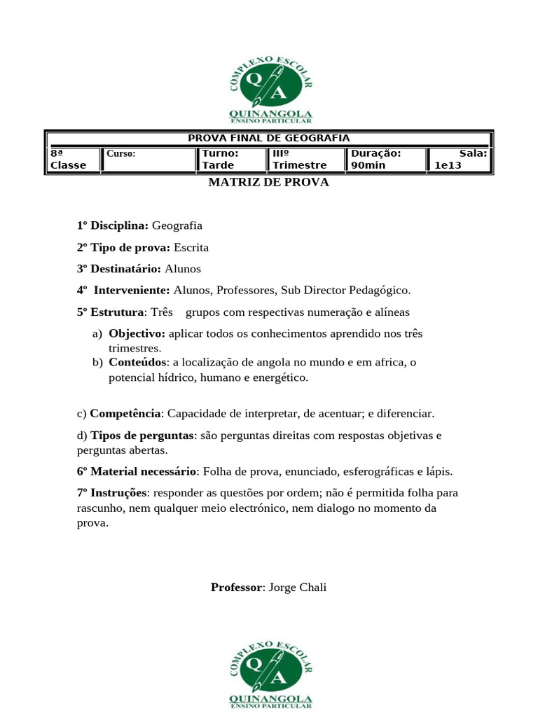 MATRIZ DA PROVA DE GEOGRAFIA | PDF | Geologia | Geografia