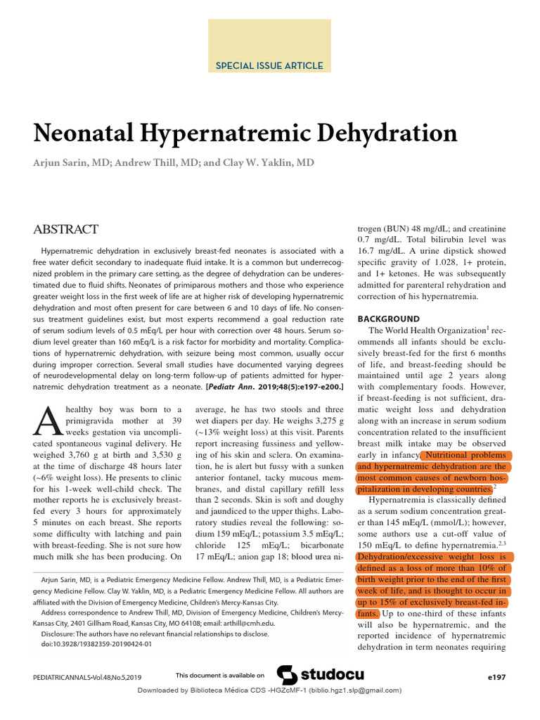 Neonatal Hypernatremic Dehydration Risks | PDF | Dehydration ...