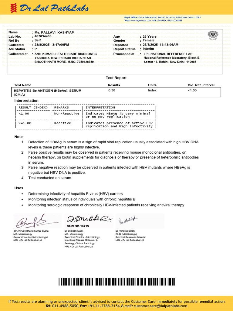 Hepatitis B Test Report for Ms. Kashyap | PDF | Hepatitis B | Hepatitis