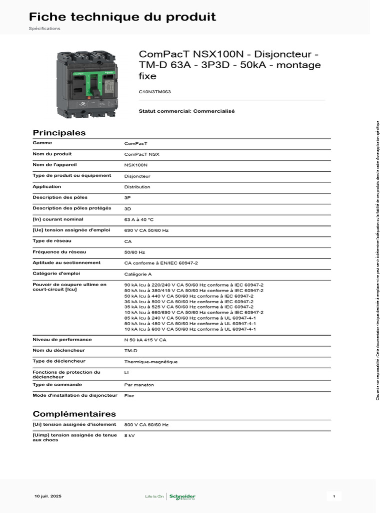Schneider Electric ComPacT-NSX C10N3TM063 | PDF | Matériaux