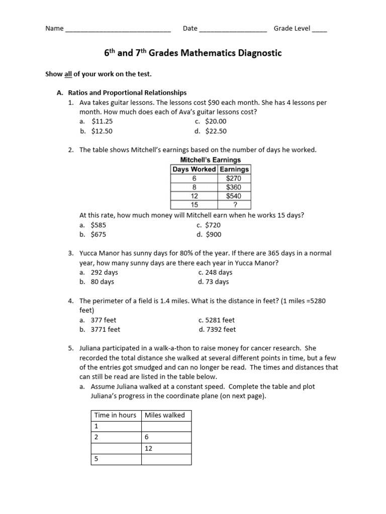 6th-7th Grade Math Diagnostic Test | PDF | Area | Mathematics
