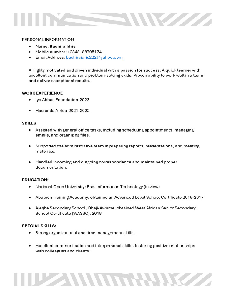 Bashira's CV | PDF