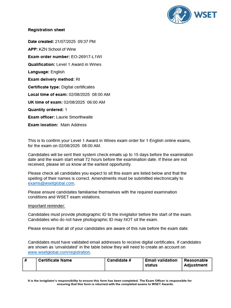 Exam Registration Sheet | PDF