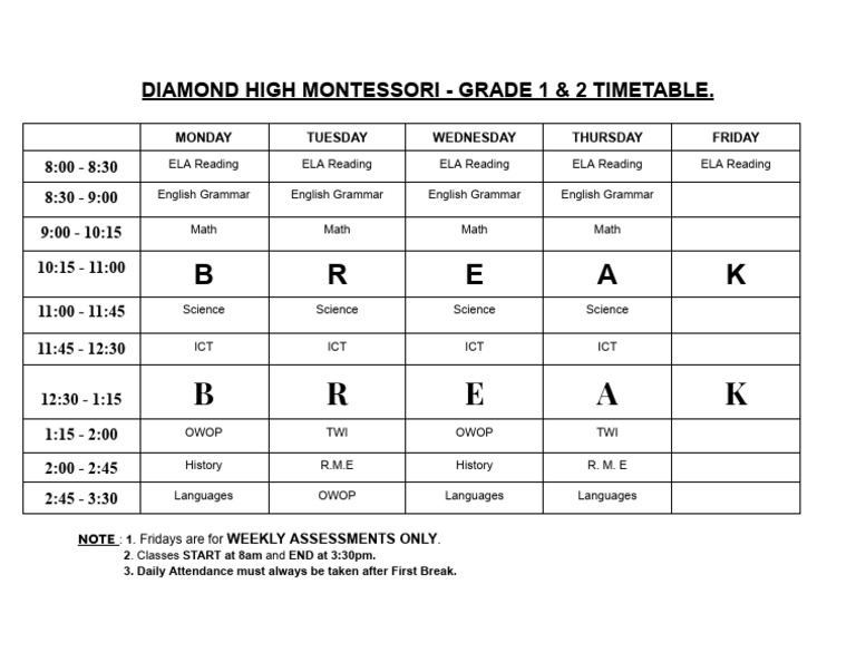 Diamond High Montessori Grade 1-2 Timetable | PDF