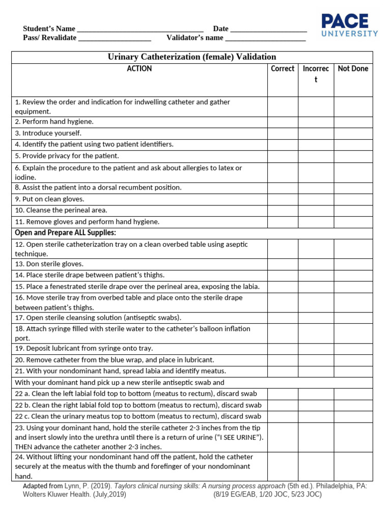 Female Urinary Catheterization Checklist | PDF | Catheter | Medical ...