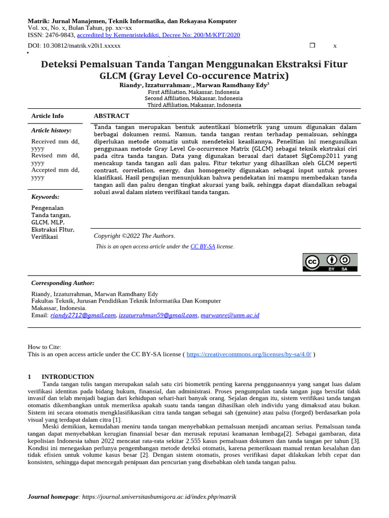 Deteksi Pemalsuan Tanda Tangan Menggunakan Ekstraksi Fitur GLCM (Gray Level Co-Occurence Matrix ...