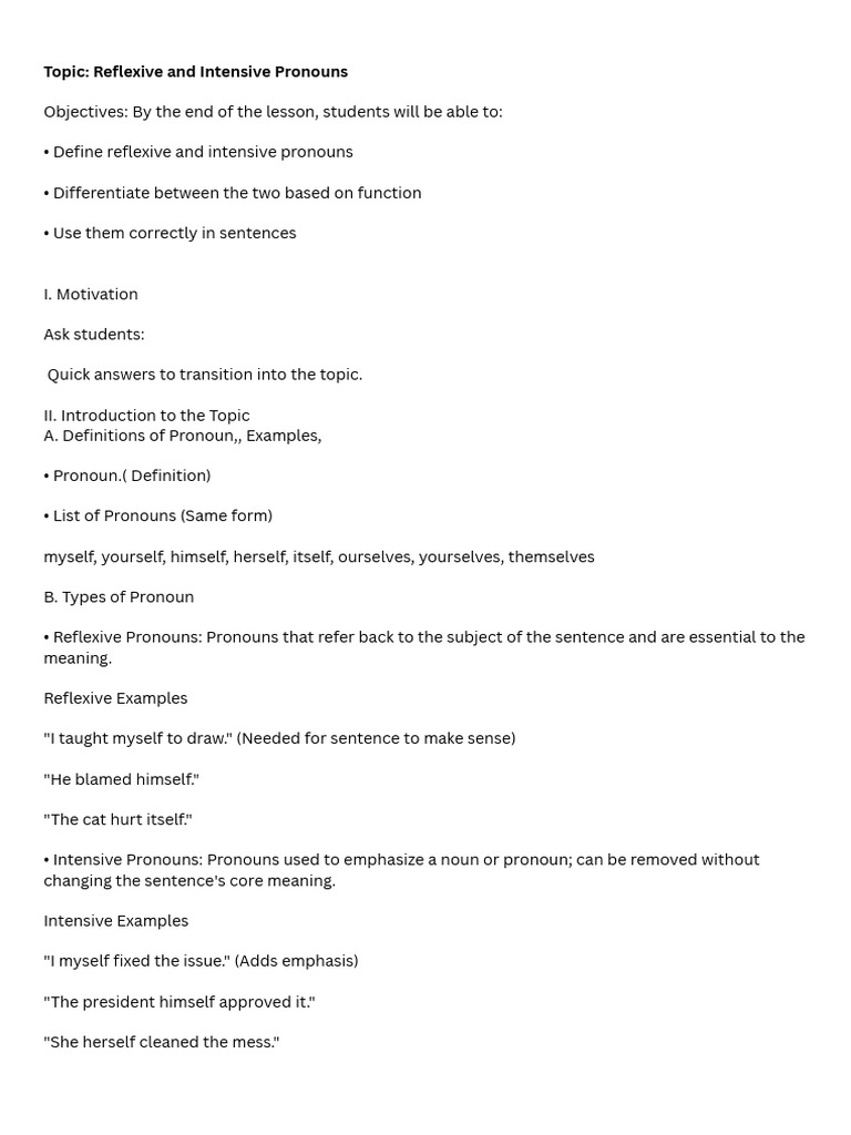 Understanding Reflexive vs. Intensive Pronouns | PDF | Pronoun ...