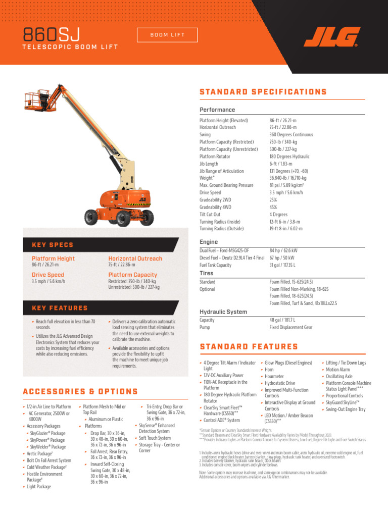 JLG 860SJ Boom Lift Specifications | PDF | Engines | Automotive Industry