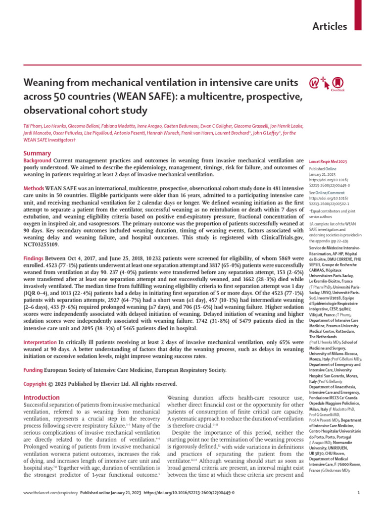 Weaning From Mechanical Ventilation in Intensive Care Units Across 50 Countries (WEAN SAFE ...