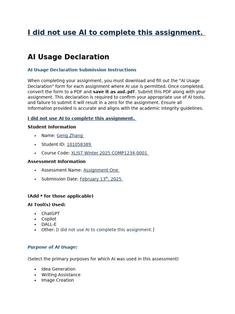 AI Usage Declaration - W2025 | PDF | Software Engineering | Computing