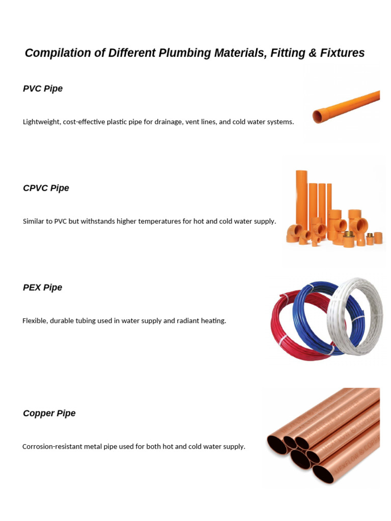 Types of Plumbing Pipes and Fixtures | PDF
