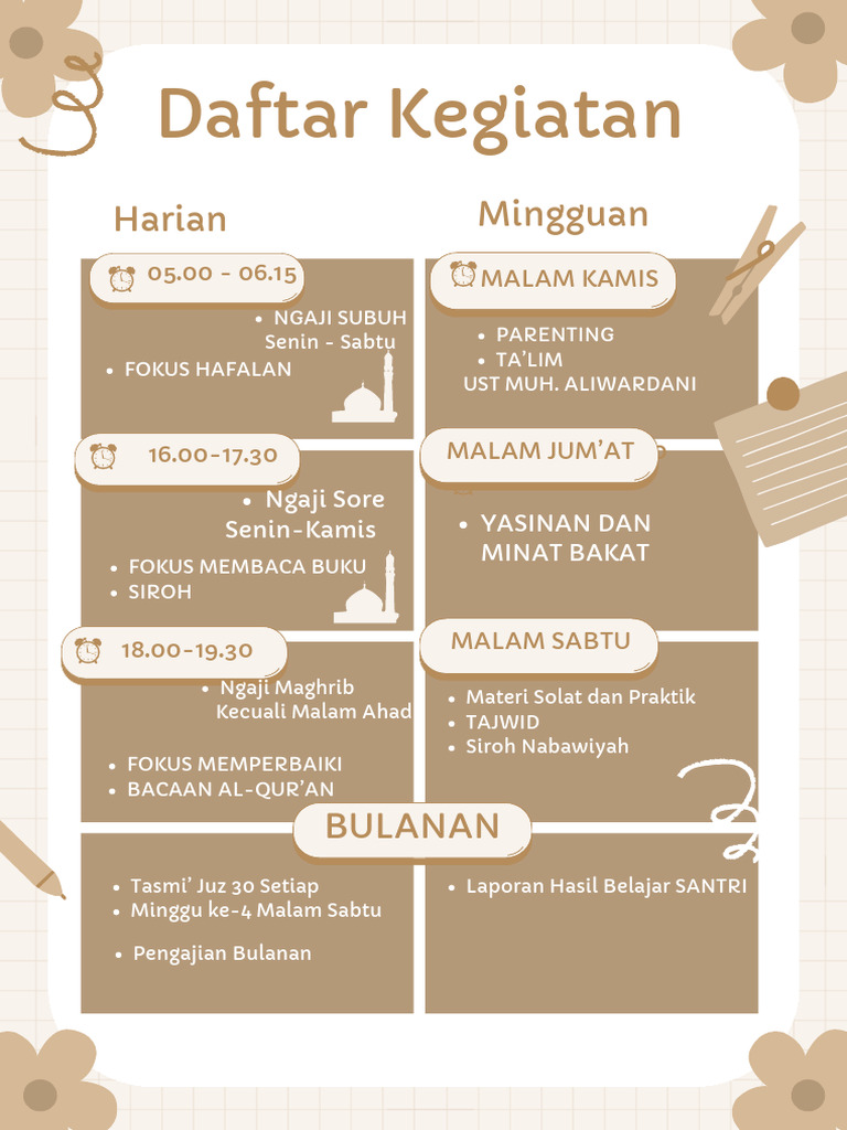 Krem Dan Cokelat Lucu Estetik Tabel Daftar Kegiatan Harian Dokumen A4 | PDF