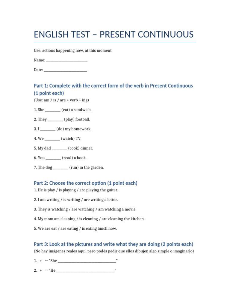 Present Continuous English Test | PDF