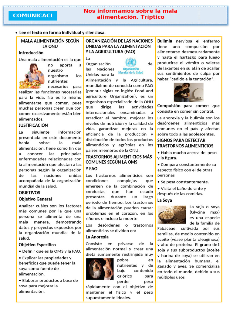 D1 A1 FICHA COM. Nos Informamos Sobre La Mala Alimentación. Tríptico | PDF | Haba de soja ...