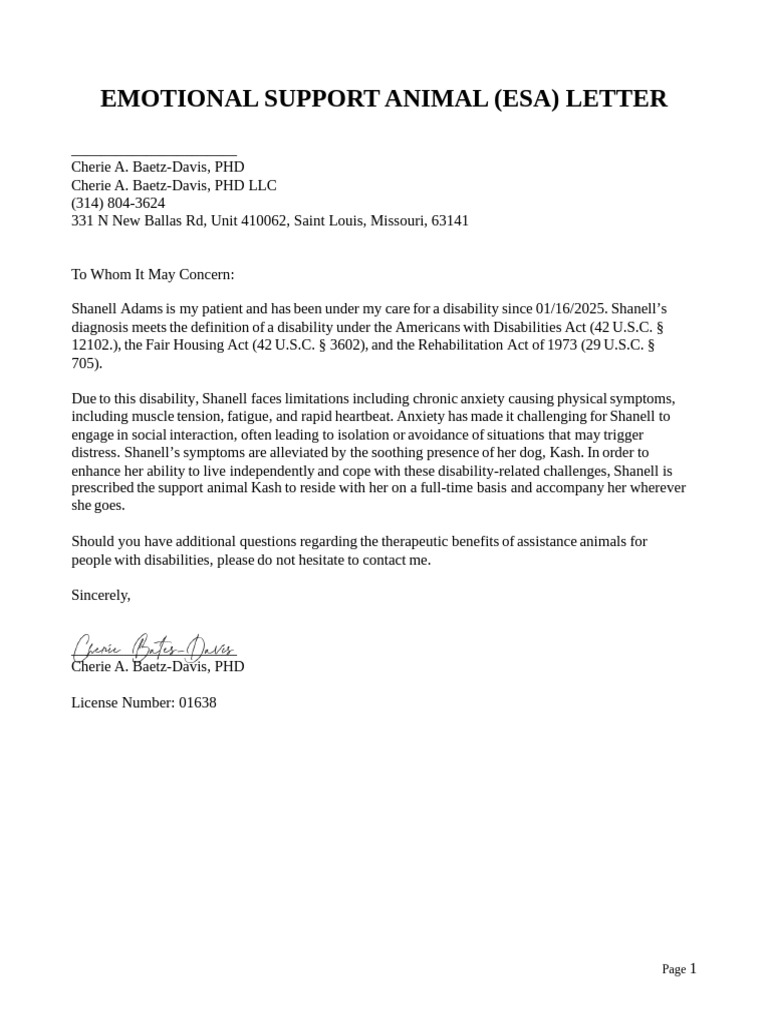 ESA Letter for Shanell Adams | PDF
