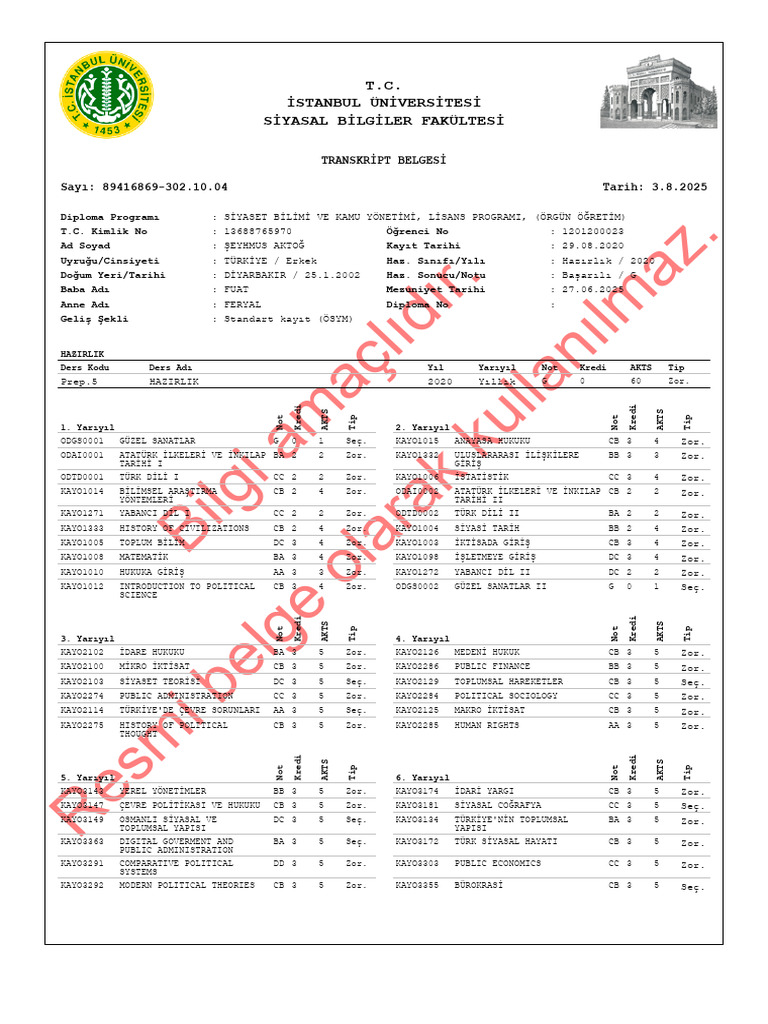 Transkript NotKartı 1201200023 1754236910 | PDF