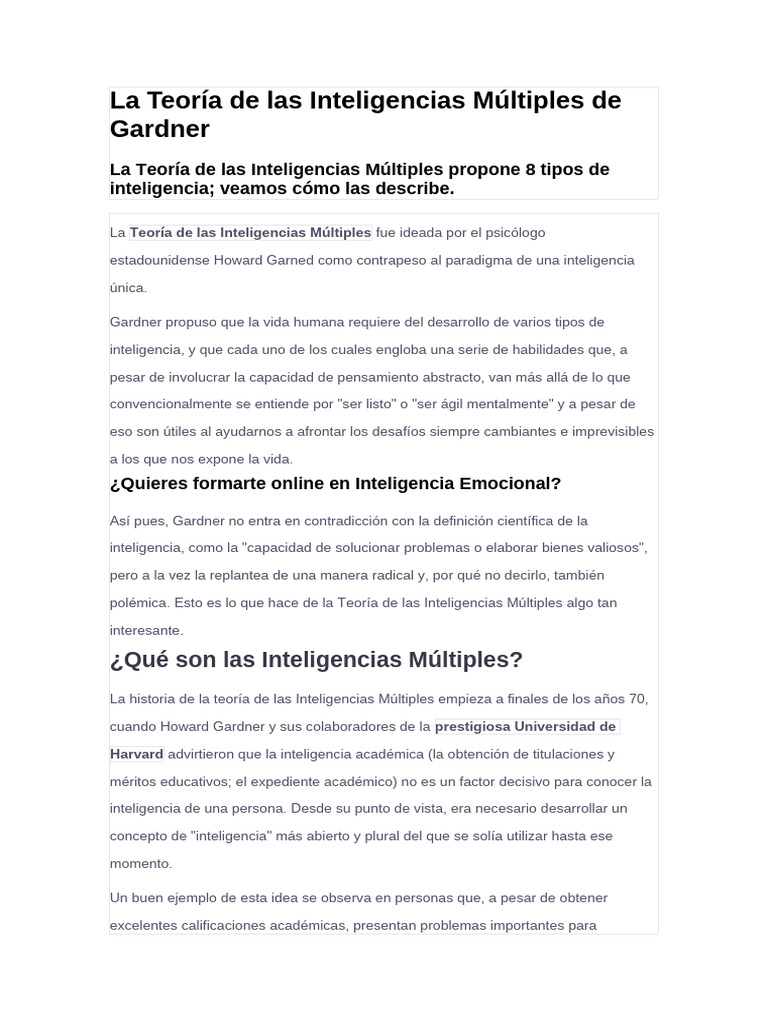 Teoría de las Inteligencias Múltiples de Gardner | PDF | Inteligencia ...