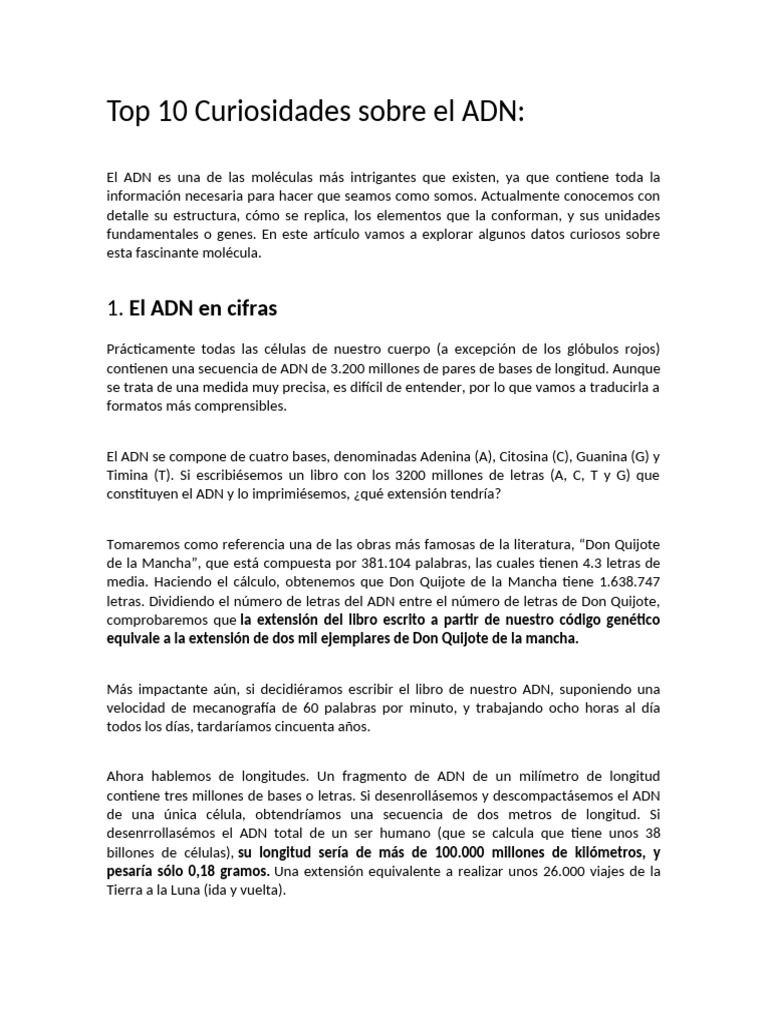 ACTIVIDAD DE BIOLOGÍA _Top 10 Curiosidades sobre el ADN | PDF | Adn | Perfiles de ADN