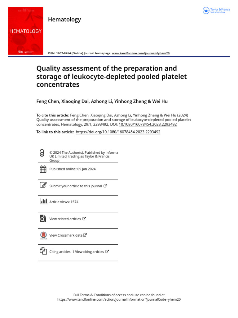 Quality Assessment of The Preparation and Storage of Leukocyte-Depleted ...