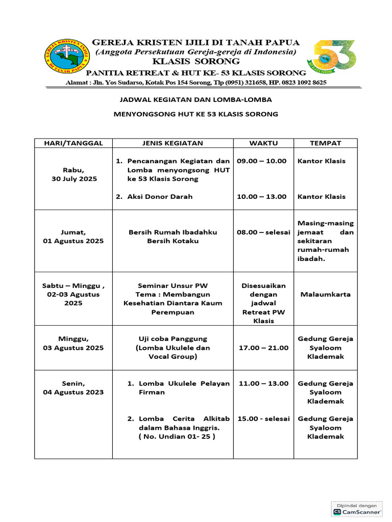Jadwal Kegitan Lomba Hut Klasis OK | PDF