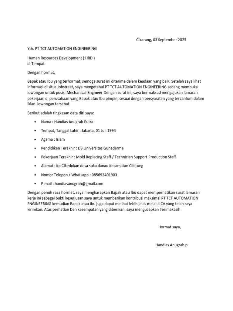 Lamaran Kerja di PT TCT Automation | PDF