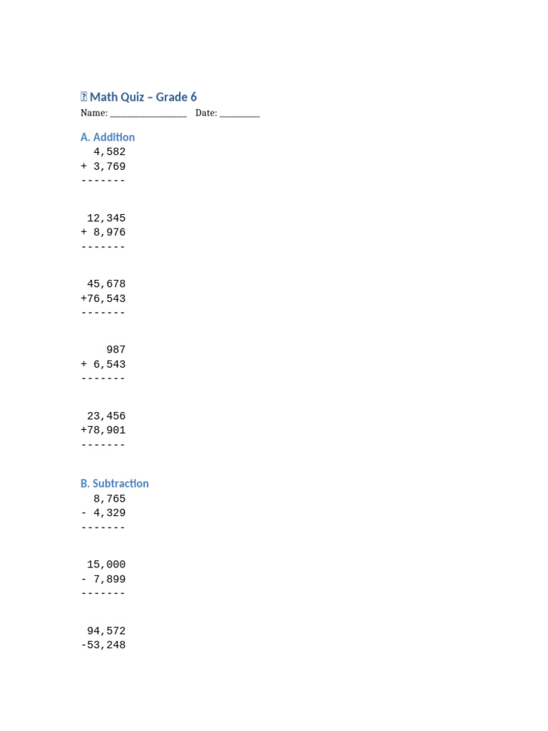 Grade 6 Math Quiz: Addition, Subtraction, Multiplication | PDF