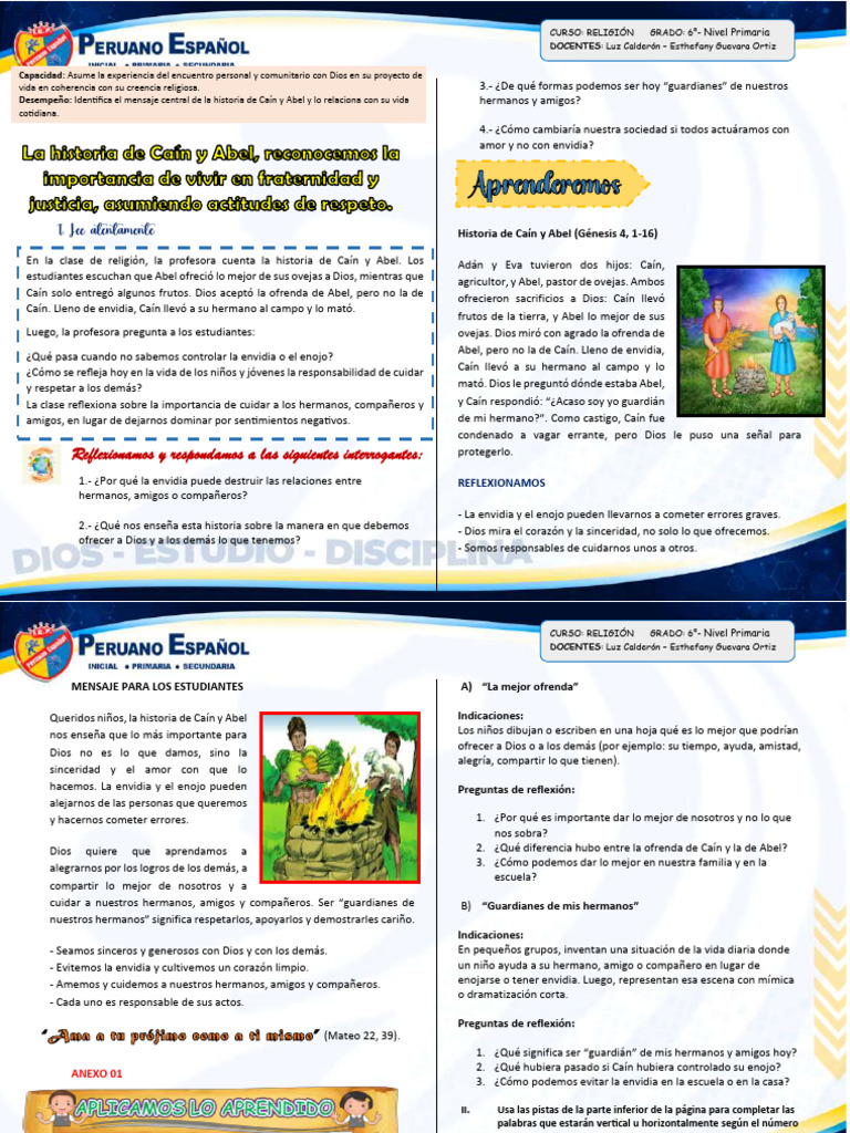 Mat 68b3020de49fa FICHA 03 Reconocemos La Historia de Cain y Abel 6° | PDF