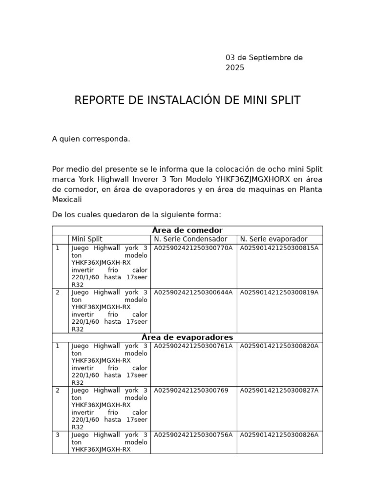 Informe de instalación de mini split | PDF