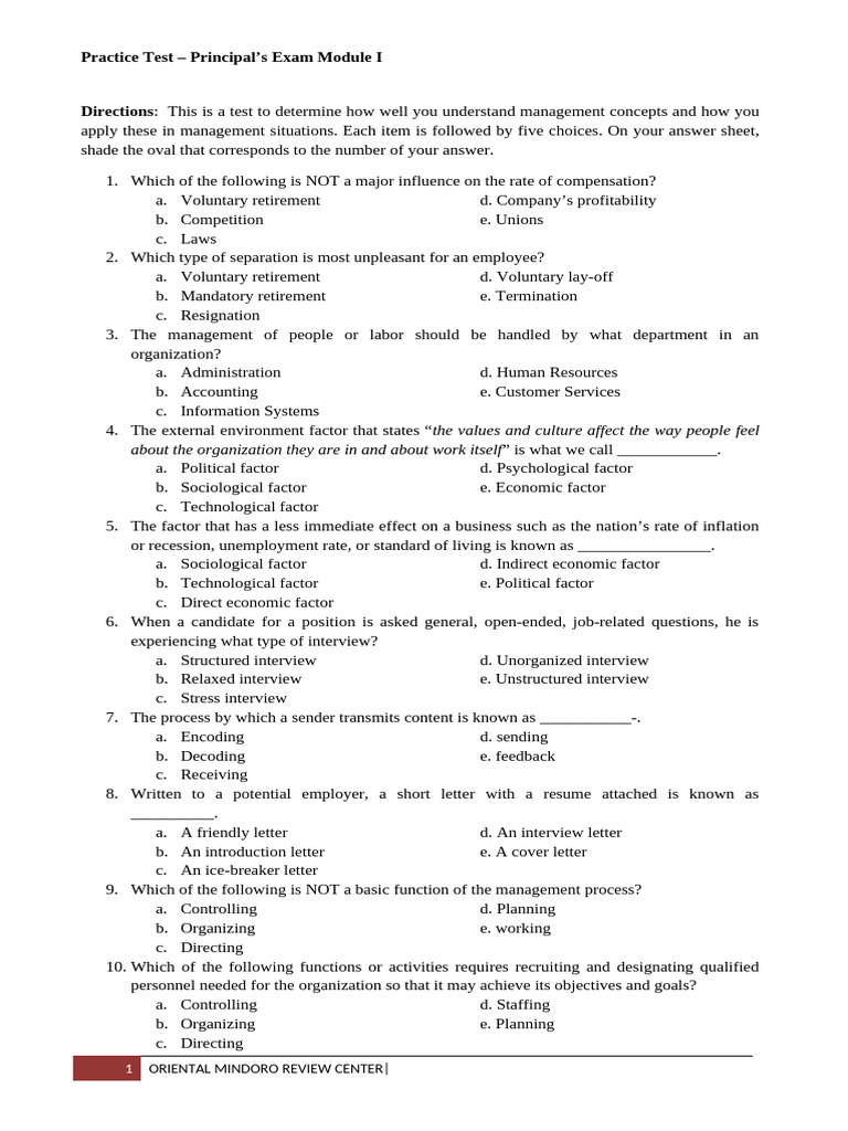 Principal's Exam Module I Practice Test | PDF | Power (Social And ...