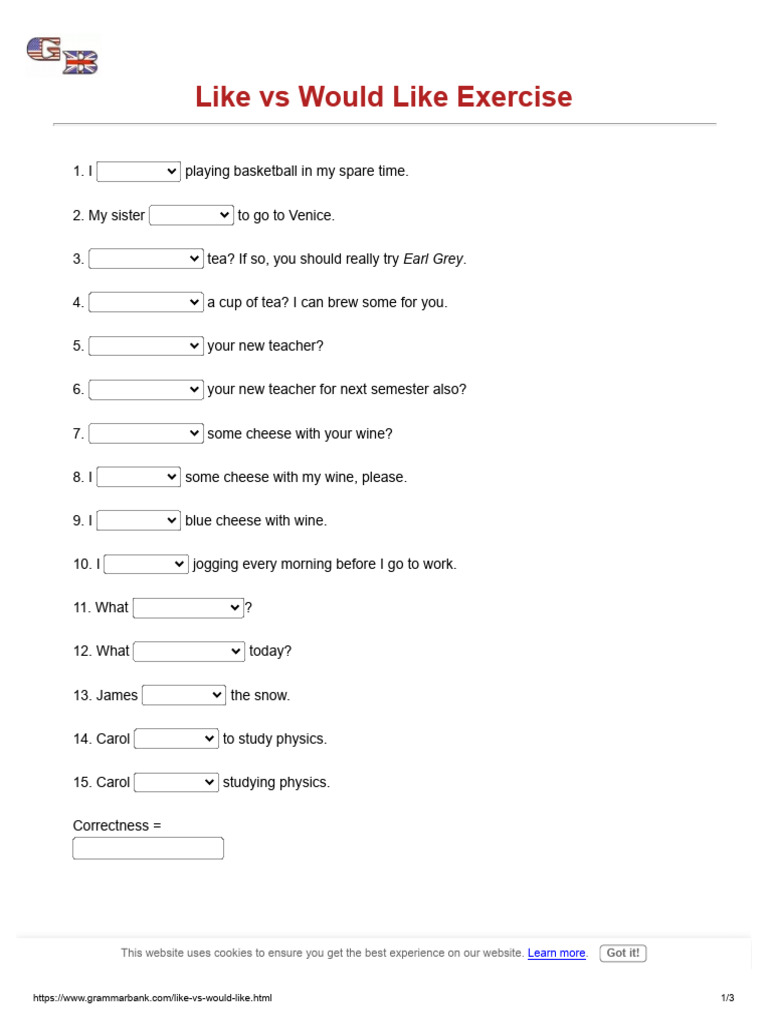 Like vs Would Like Exercises PDF | PDF