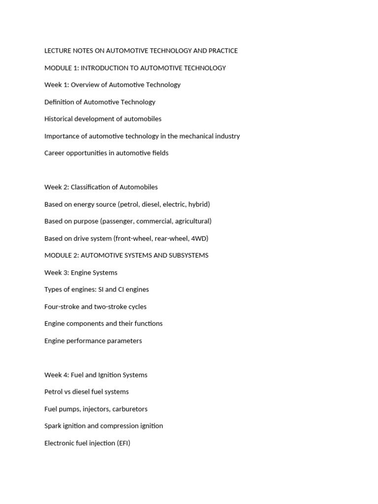 Automotive Technology Lecture Notes | PDF | Engines | Four Wheel Drive