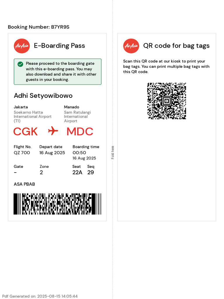 E-Boarding Pass QR Code For Bag Tags: Booking Number: B7YR9S | PDF