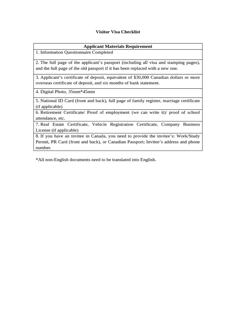 Visitor Visa Checklist - First Time | PDF