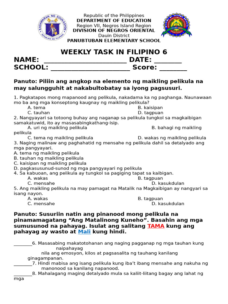 Weekly Task in Filipino 6 | PDF