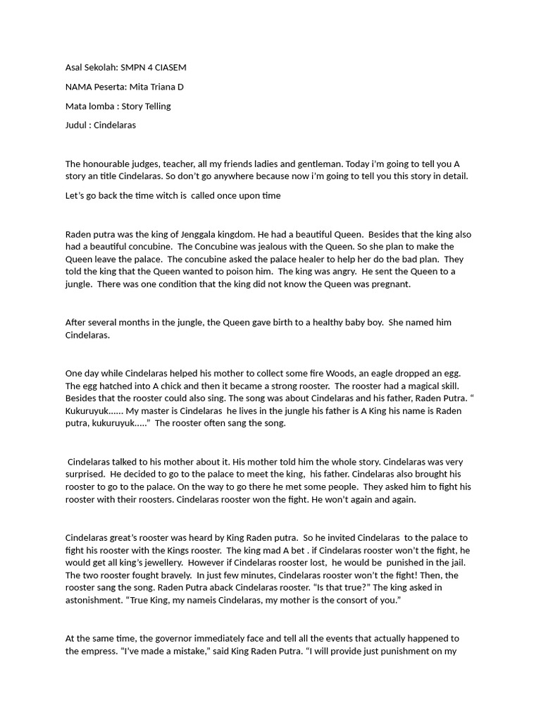 Cindelaras-Mita Triana D - SMPN 4 CIASEM | PDF | Folklore