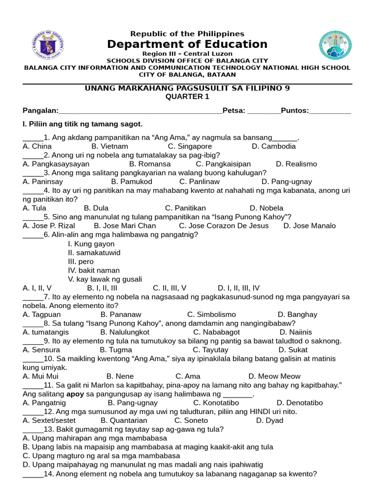 Filipino 9 Periodical 1st Grading | PDF