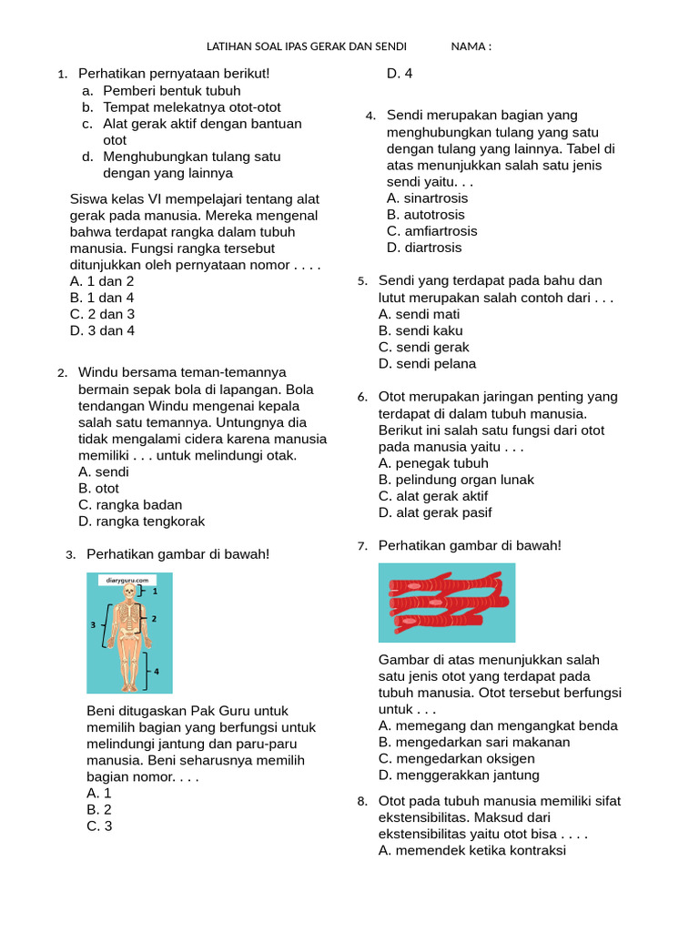 Soal Latihan IPAS Gerak dan Sendi | PDF