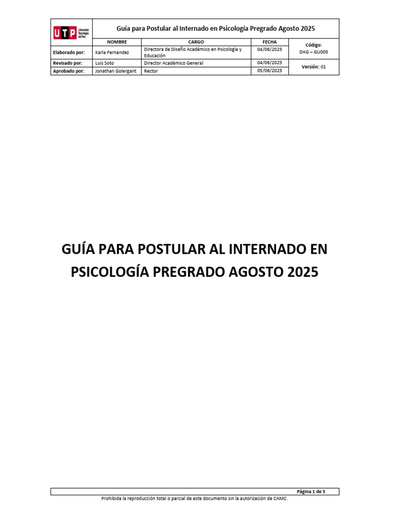 DAG - GU005 Guía para Postular Al Internado en Psicología Pregrado Agosto 2025 v01 | PDF