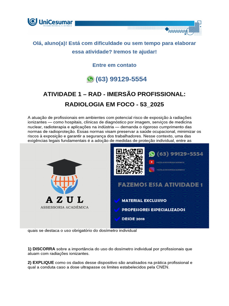 ATIVIDADE 1 - RAD - IMERSÃO PROFISSIONAL: RADIOLOGIA EM FOCO - 53_2025 | PDF