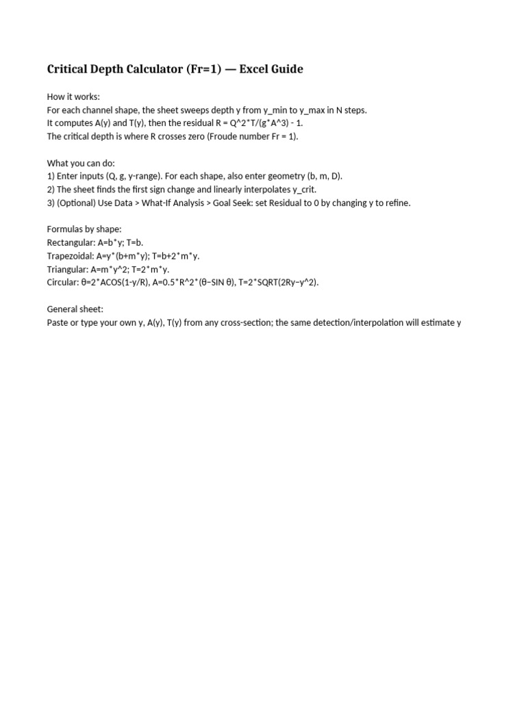 Excel Critical Depth Calculator Guide | PDF | Applied Mathematics