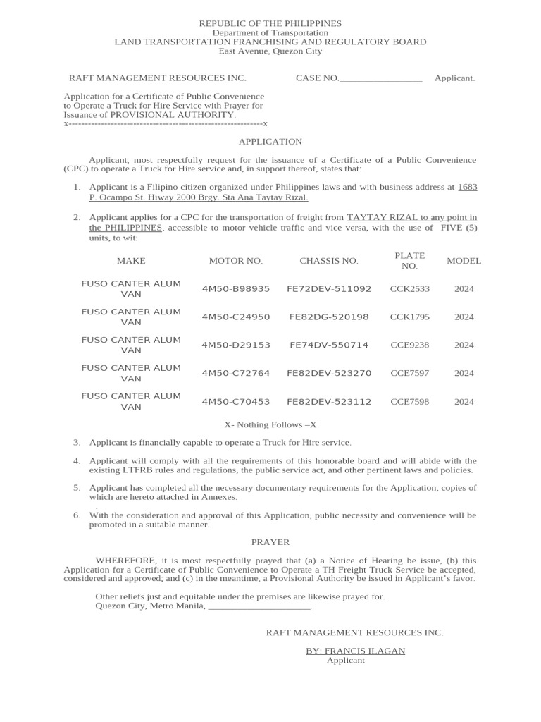 Application for Truck Service CPC | PDF | Philippines | Truck