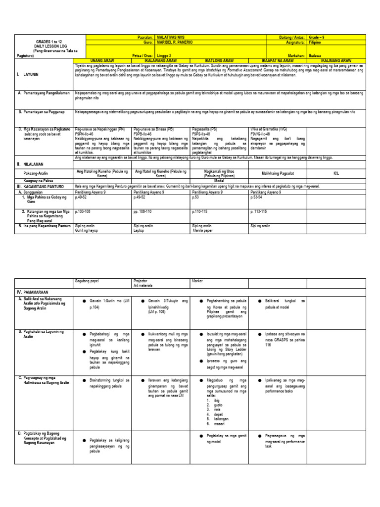 DLL - FILIPINO 9 2ngd Grading (Topic 2) | PDF