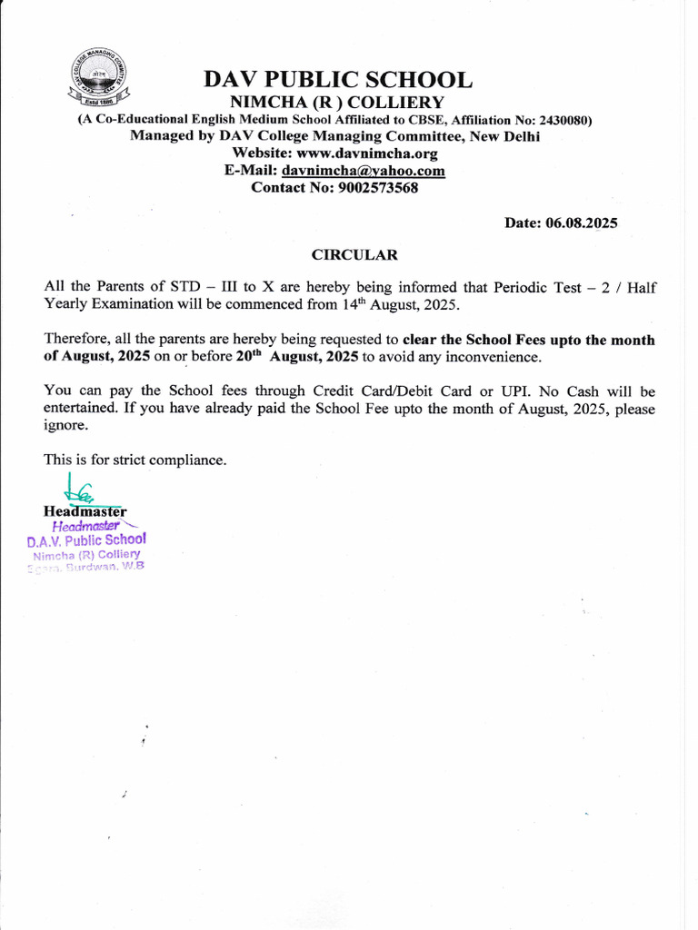 DAV Public School Exam Fee Circular | PDF